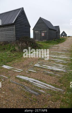 Beach huts in winter along Worthing seafron, West Sussex, southern ...