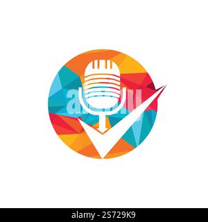 Check podcast vector logo design template. Microphone and tick icon ...