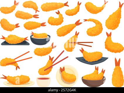 Tempura icons set cartoon vector. Appetizer shrimp. Fried deep Stock ...