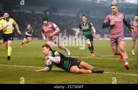 Northampton's James Ramm scores their fourth try during the Investec ...