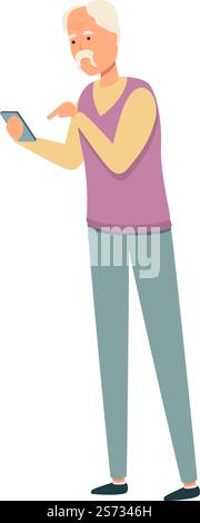 Old senior tap text icon cartoon vector. Phone person. Computer elder ...