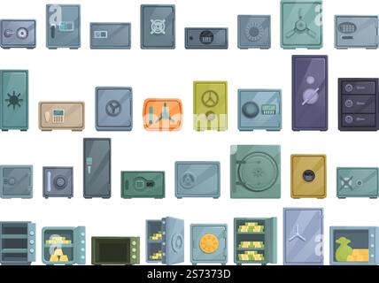 Deposit box icons set cartoon vector. Safe bank. Money closed Stock ...