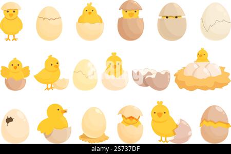 Chicken hatching icons set cartoon vector. Egg nest. Chicken baby Stock ...