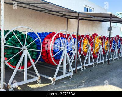 Swimming pool race tracks in lane line storage reels outside the fifty ...