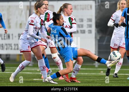 Rania Boutiebi (11) of Brugge and Melanie Gerrits (15) of Zulte-Waregem pictured during a female ...