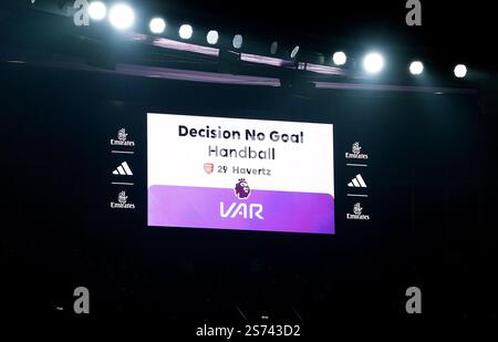 A VAR check on a handball against Arsenal's Kai Havertz is displayed on ...