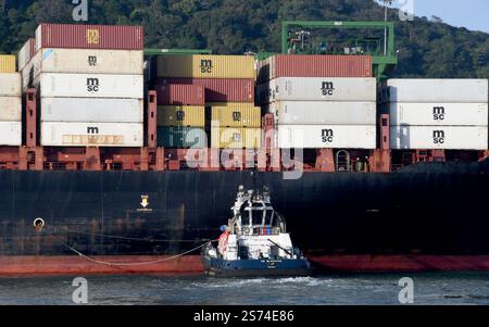 Balboa, USA. 13th Jan, 2025. Containers are loaded on and off ships at ...