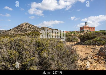 The beautiful red lighthouse of Capo Spargivento in southern Sardinia ...