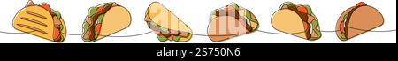 Mexican tacos one line colored continuous drawing. Traditional Mexican ...