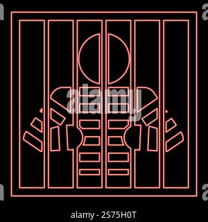 Neon prisoner behind bars holds rods with his hands Angry man watch ...
