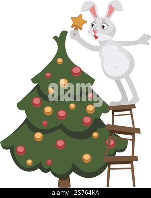 Rabbit character decorating pine tree for xmas Stock Vector Image & Art ...