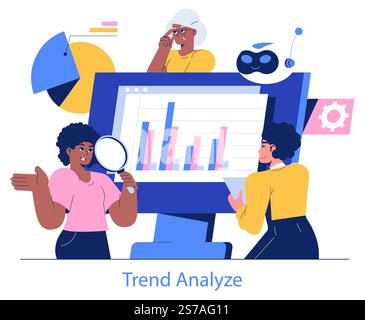 Statistical analysis magnifying glass analyzing data. Circular diagram with colorful segments ...