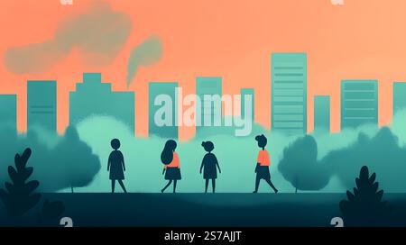 Children silhouetted playing in a polluted city park,with a hazy,smog ...