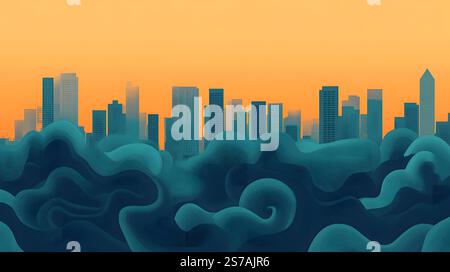 of a dense urban area with pollution swirling upward,forming a visual ...