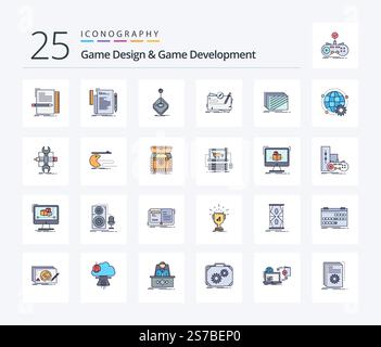 Game Design And Game Development Line Filled Flat 5 Icon Pack Including file. code. texture ...