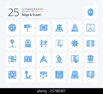 Maps & Travel 25 Blue Color icon pack including algorithm. globe. arrow ...