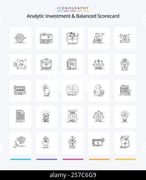 Analytic Investment And Balanced Scorecard 25 Line icon pack including magnifier. global ...