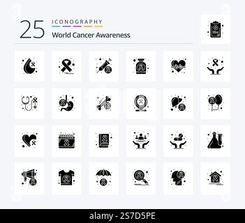 World Cancer Awareness 25 Glyph icon pack including world. lab. cancer ...