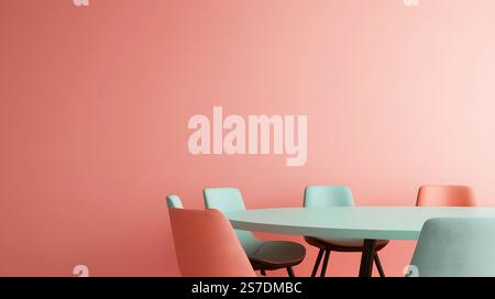 Pastel coral-colored meeting table with contemporary chairs in a ...