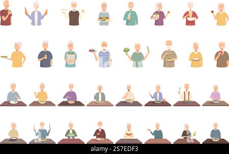 Older people cooking icons set cartoon vector. Elder woman. Hands cook ...