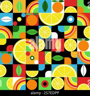 Geometric fruits seamless pattern. Nature abstract berries and cut fruit, mosaic food ...