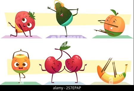 Yoga fruits. Workout exercises funny sport characters healthy fruits ...
