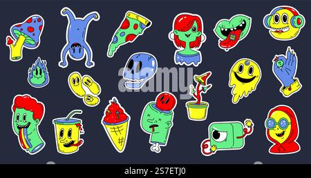 Psychedelic Acid cartoon characters and elements collection. Vector ...
