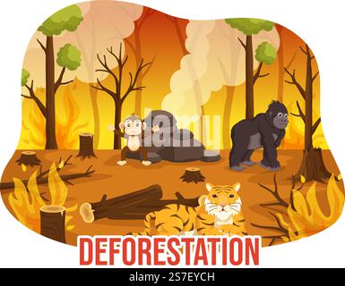 Deforestation Illustration with Tree in the Felled Forest and Burning ...