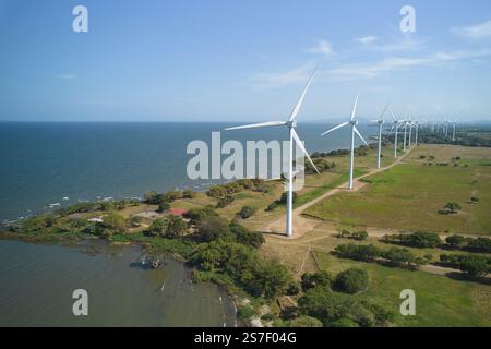 Drone view at Windmill turbines at sea , view from above at a huge ...