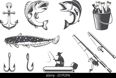 Fishing labels. Traditional water sport tournament with fishing rod ...
