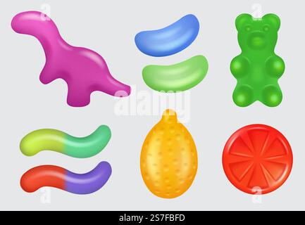 Jelly sweets. Delicious colored transparent snacks gummy bear eating ...