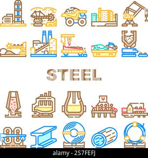 Isometric icons set with Blast furnace slag and pig iron tapping. Iron ...
