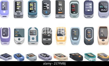 Pulse oximeter icons set cartoon vector. Blood health. Monitor sensor ...