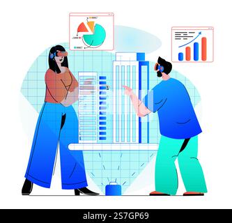 People in augmented glasses touching virtual screen isometric concept ...