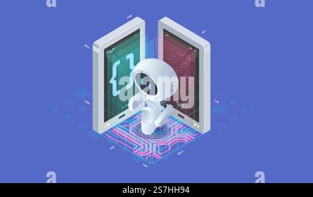 Isometric artificial intelligence. Neuronet or ai technology background with small robot. Chat ...