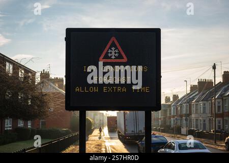 Icy conditions forecast warning on digital road display in england uk ...