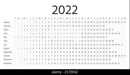 2022 linear calendar. Horizontal planner for year. Yearly calender ...