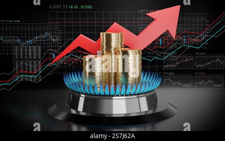 Propane butane gas burner, golden coins and upward arrow - 3D ...