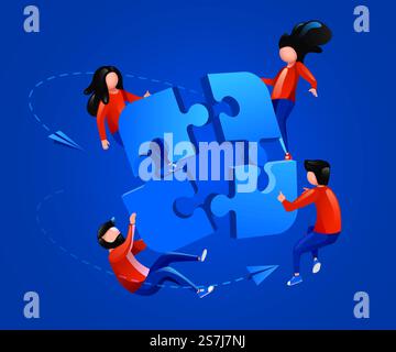People fly around jigsaw puzzle. Cooperation, Teamwork and partnership ...