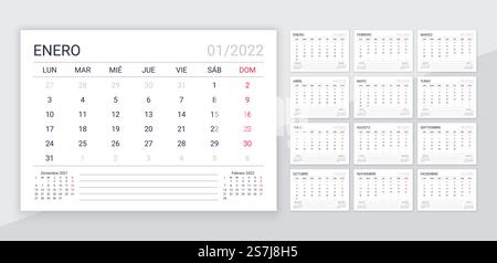 Spanish 2022 calendar. Desk planner template. Calender layout for year ...