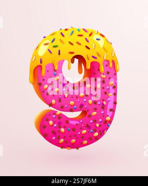Glazed donut font. Number 9. Number nine cake. Dessert style ...