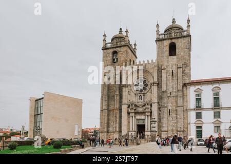 Porto Cathedral exterior with a detailed front facade in Porto ...