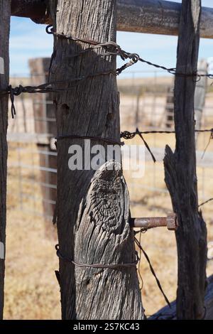 A old, weathered fence post stands alone in a field Stock Photo - Alamy