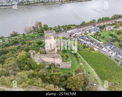 Aerial view of Furstenberg castle over the Rhine river near ...