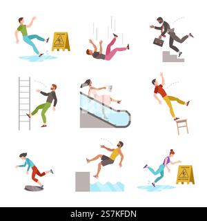 People slipping and falling. Cartoon characters stumble and fall down ...