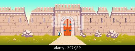 Cartoon broken medieval castle or city wall ruins after war. Abandoned ...