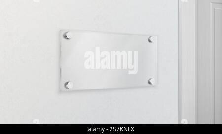 Empty glass name plate bolted to wall near doorway. Poster, banner ...