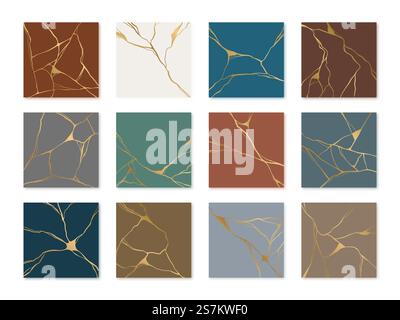 Set of gold kintsugi poster design. Japanese art of repairing broken ...