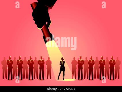 Silhouette illustration of a businesswoman being flash lighted among ...