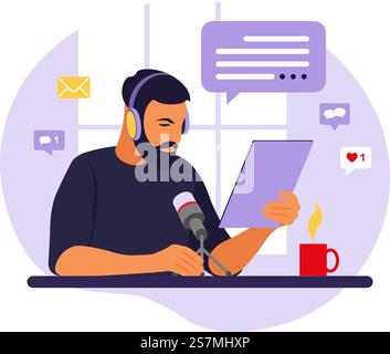 podcaster talking to microphone recording podcast in studio podcasting ...